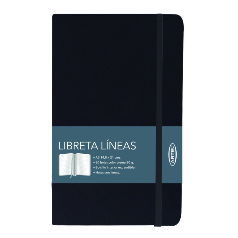 Libreta Líneas A5 80 Hojas Tapa Negra Elástico - Artel